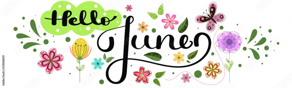 Hello June. JUNE month vector with flowers, and leaves. Decoration ...
