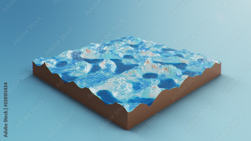 Cross section topographic 3D map with water. Contour lines on a ...