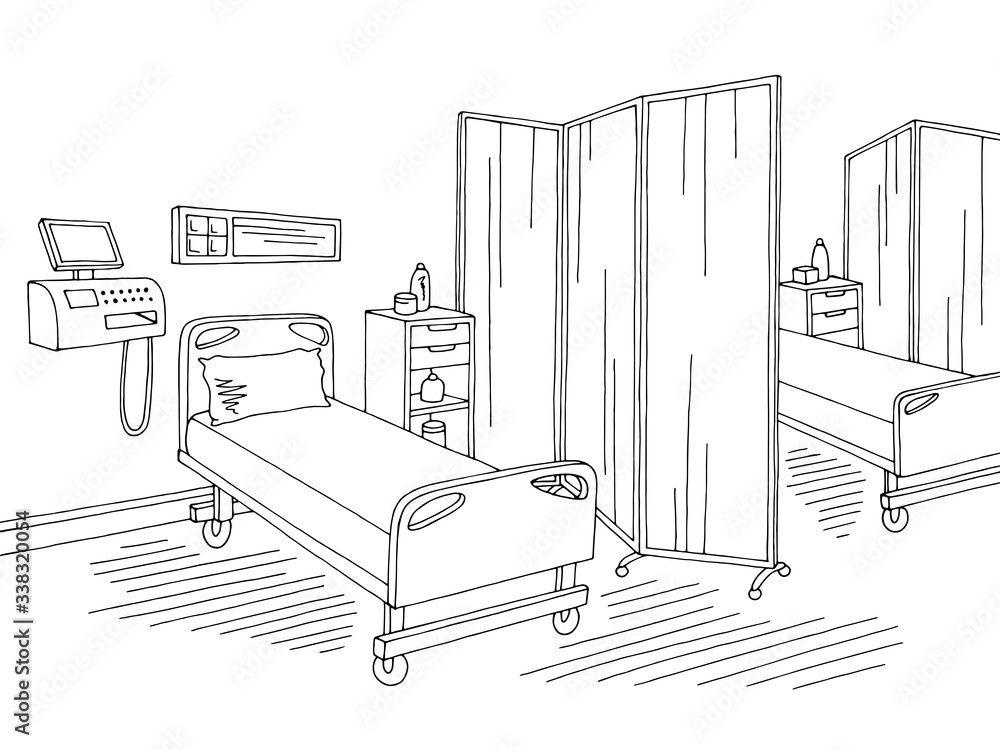Hospital ward intensive care unit graphic black white interior sketch ...