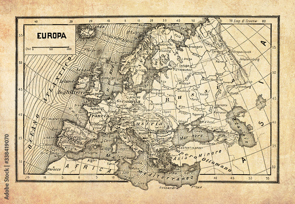 Ancient map of Europe continent and countries bordered by the Arctic ...