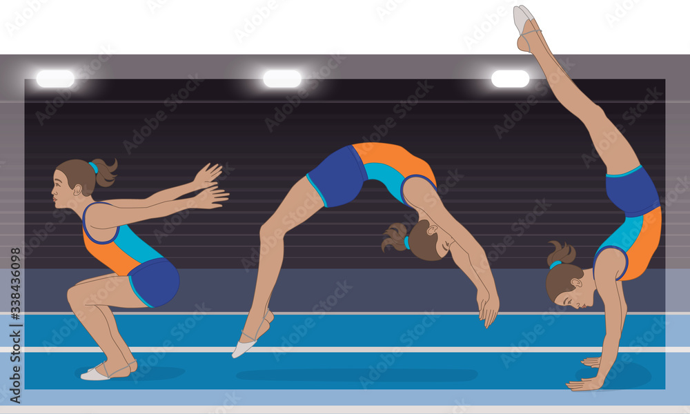 gymnastics tumbling, female tumbler in three poses of a back flip on a ...