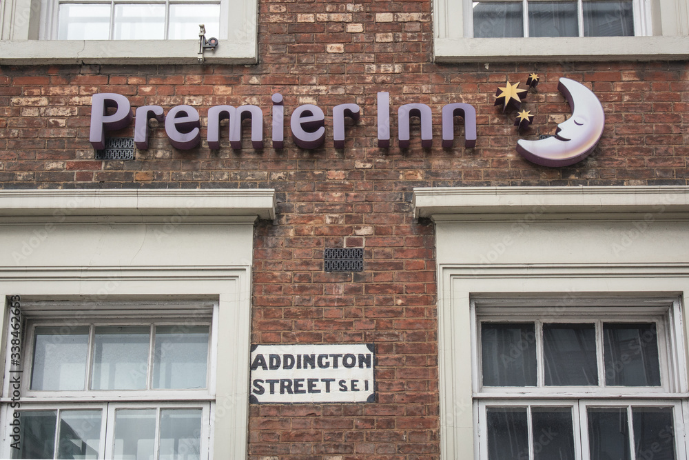 LONDON- APRIL, 2018: Premier Inn logo and signage of Waterloo branch- a ...