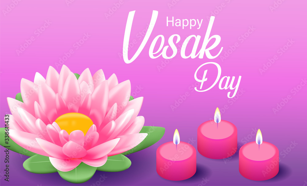 Happy Vesak Day Budha Purnima Background With Realistic Pink Lotus And ...