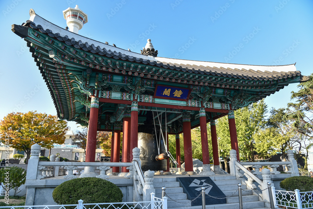 Busan city, South Korea - OCT 31, 2019: Bell pavilion of traditional ...