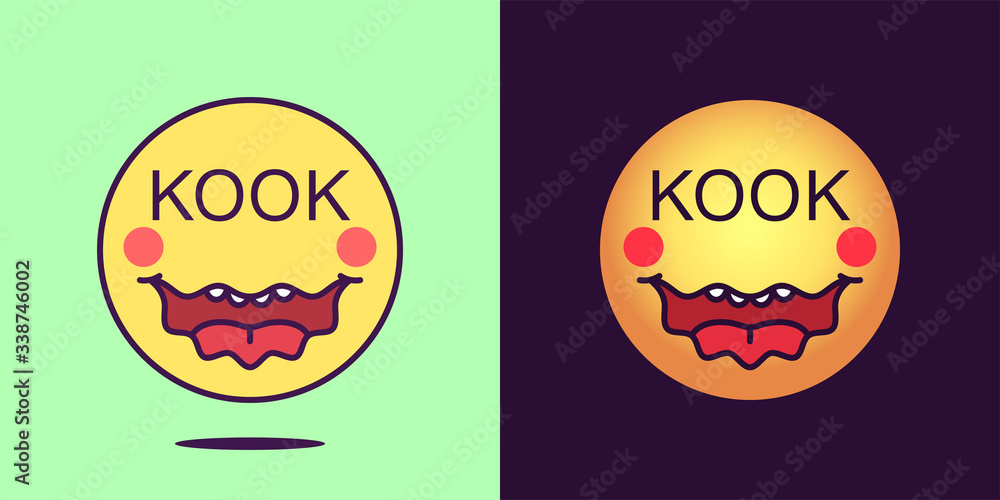 Emoji face icon with phrase Kook. Mad emoticon with text Kook. Set of ...