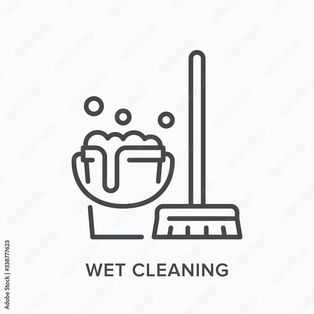 Wet cleaning line icon. Vector outline illustration of bucket and mop ...