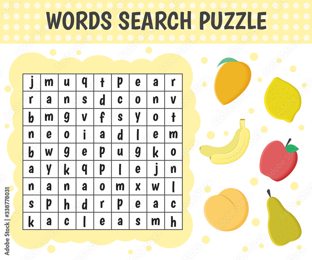 Word search puzzle. Fruit: Apple, banana, pear, peach, mango, lemon ...