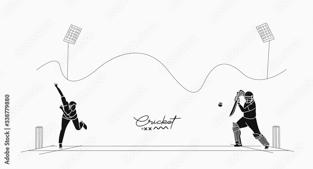 Abstract flat line pattern with batsman and bowler playing cricket ...