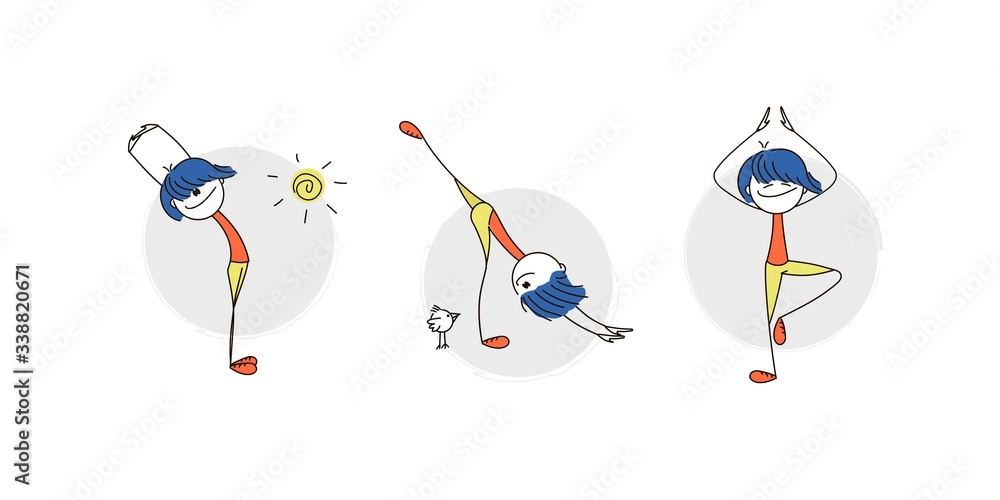Doodle stick figure: Set with woman exercising various different yoga ...