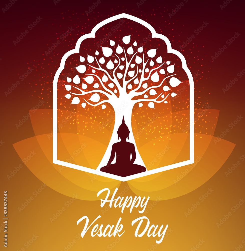 Vesak Day holiday. Buddha sitting under Bodhi tree meditate in lotus ...