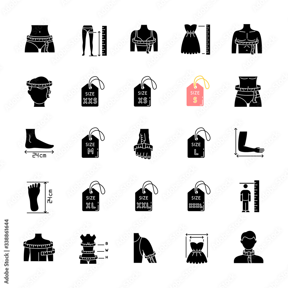 Clothing sizes black glyph icons set on white space. Human body ...