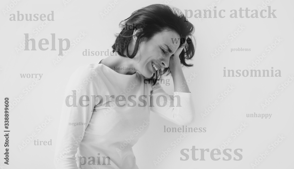 Nervous breakdown. Close-up photo of a woman in despair, who is crying ...