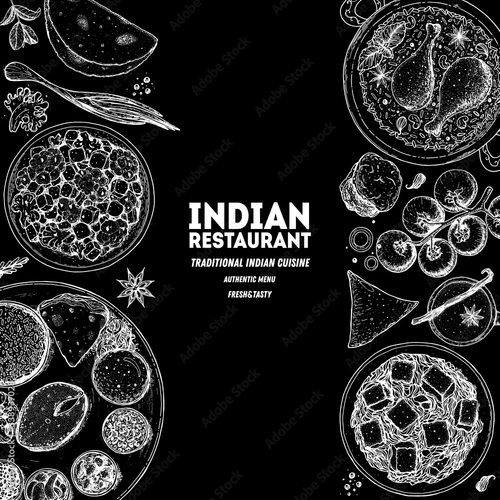Indian food illustration. Hand drawn sketch. Vector illustration. Menu ...