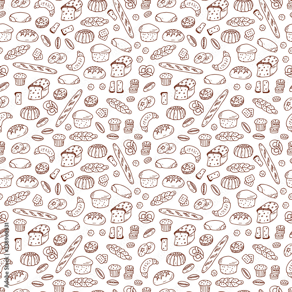 Bread products. Hand drawn Doodles Bakery - Vector Seamless pattern ...