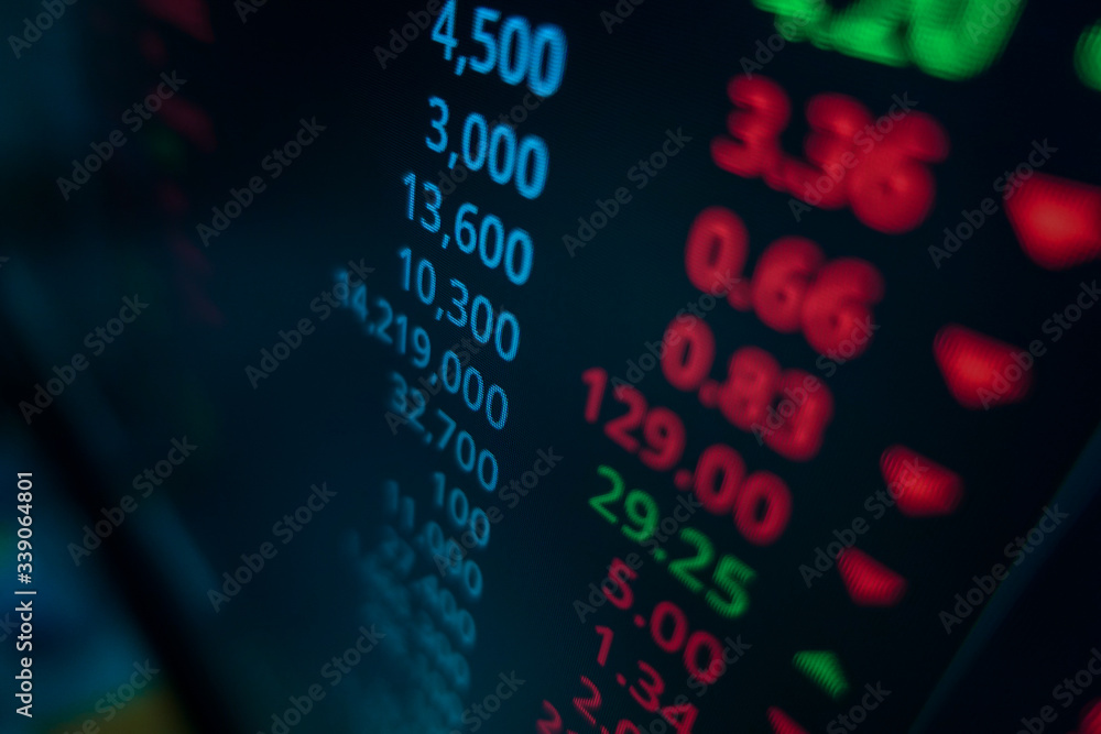 Stock market trading graph and candlestick chart on screen monitor for ...