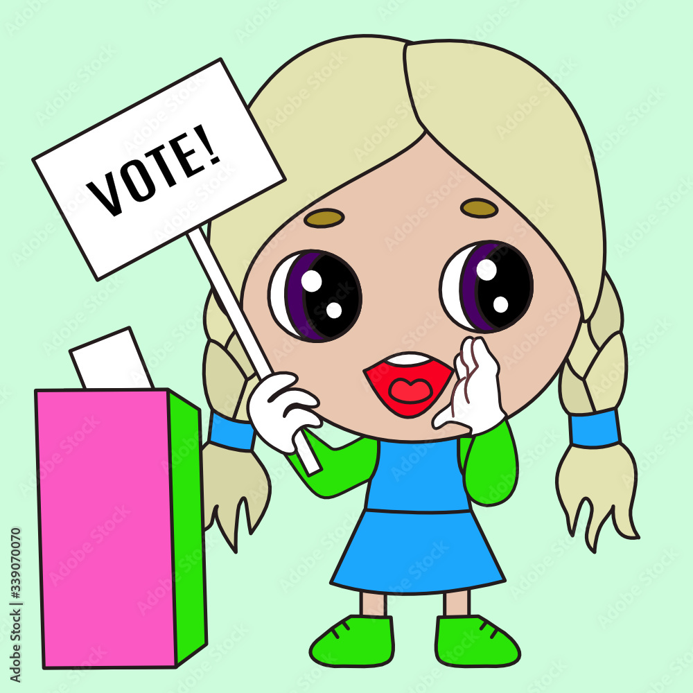 girl blond stump orator with a vote banner that votes using a ballot ...