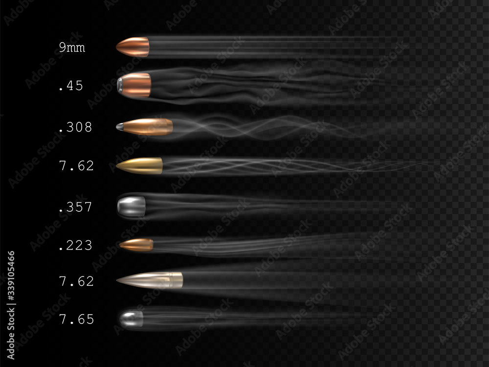 Realistic flying bullet with smoke trace and caliber inscriptions, a ...