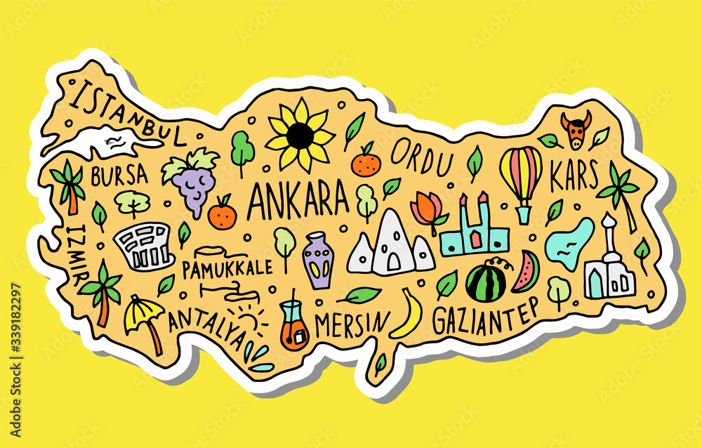 Colored Sticker of hand drawn doodle Turkey map. Turkish city names ...