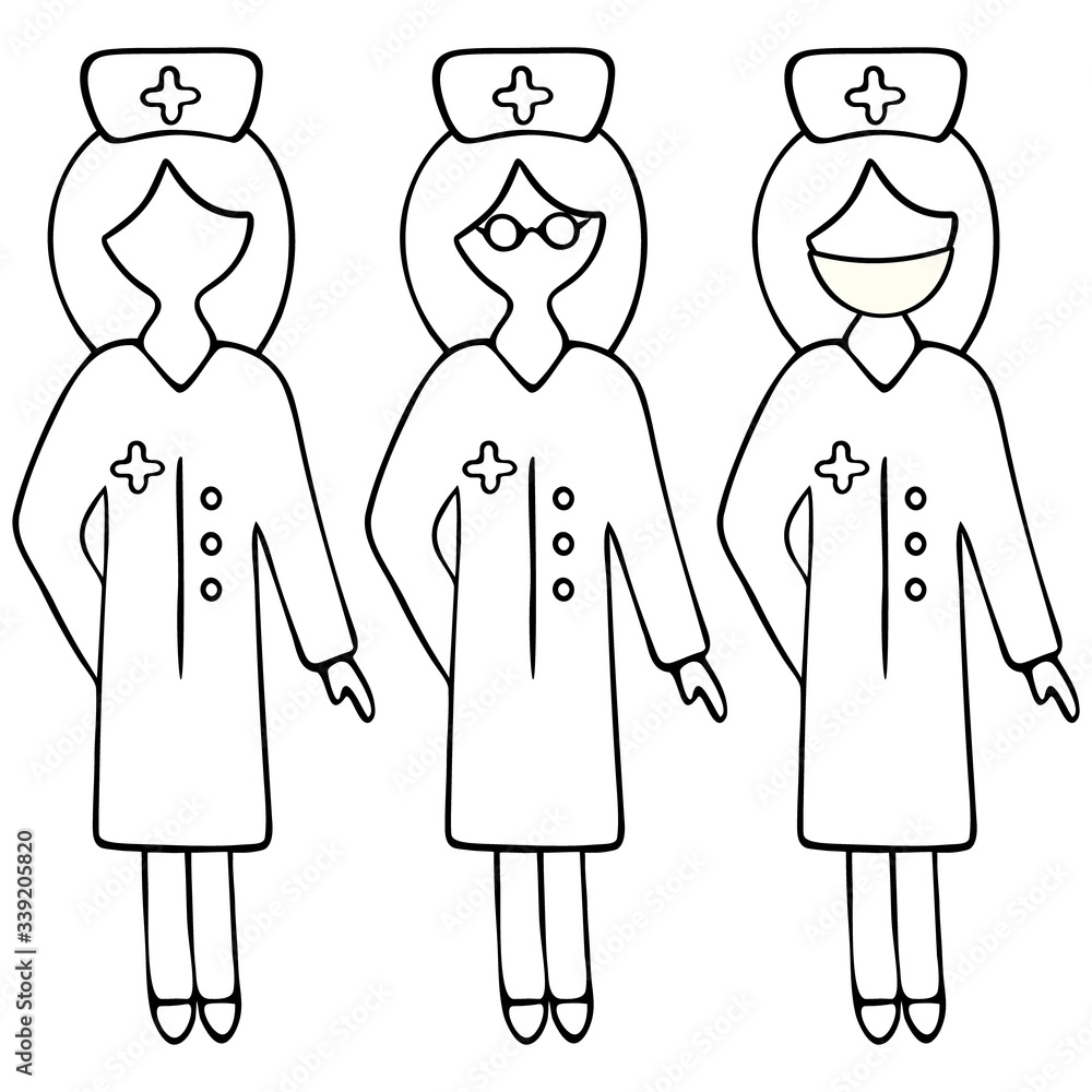 Nurses in a cap with a cross and white coats. One in glasses, the other ...
