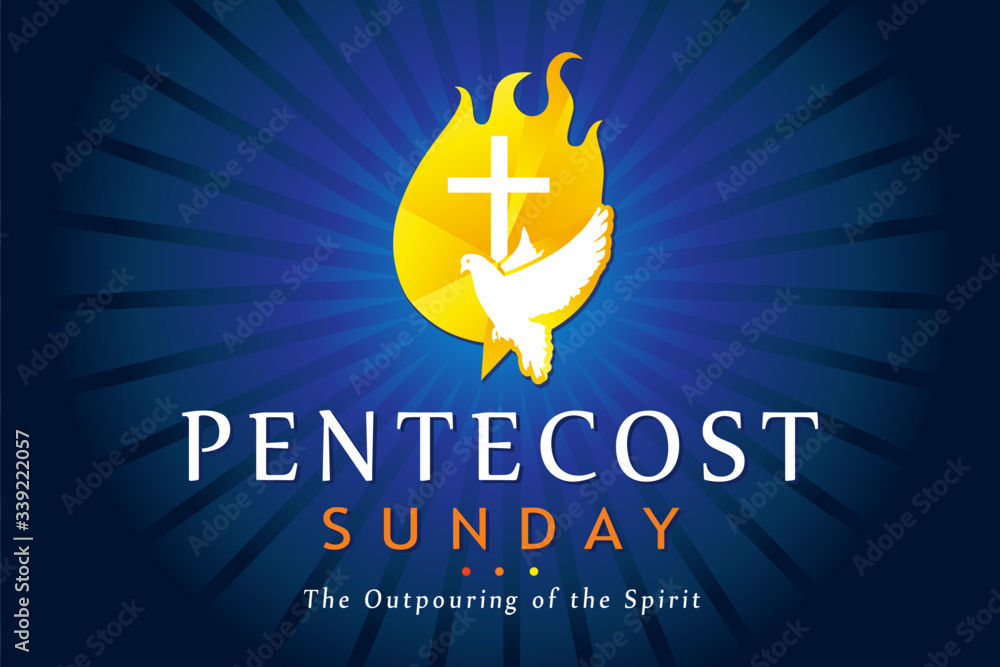 Pentecost Sunday banner with Holy Spirit in flame. Template invitation for Pentecost day with ...