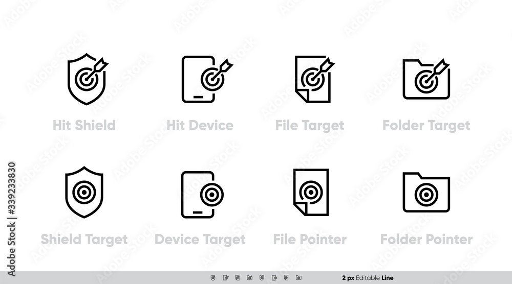 Targets and Mission icons vector set. Hit Shield, Device, Target, File ...