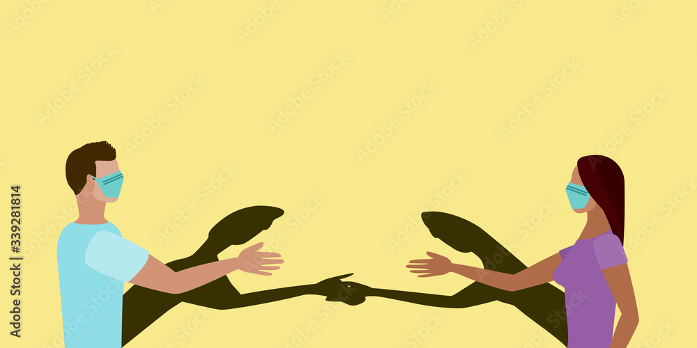 Social distancing handshake greeting concept vector where two people ...