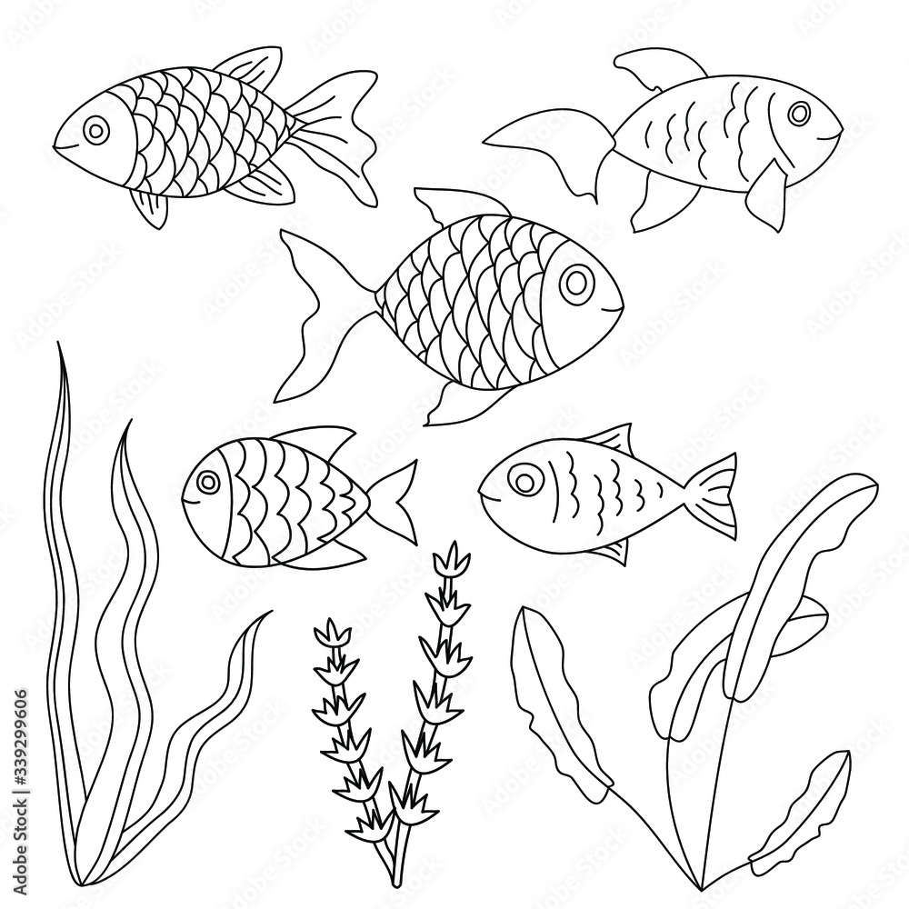 Five simple cartoon fishes and three kinds of seaweed: isolated ...