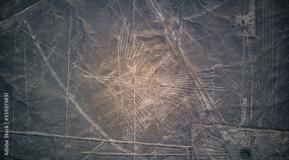 Aerial top down view on "the Condor" one of the Nazca lines. Mysterious ...
