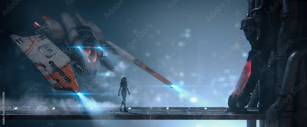 Cyborg girl walks on metal bridge to cryo chamber in empty space with ...