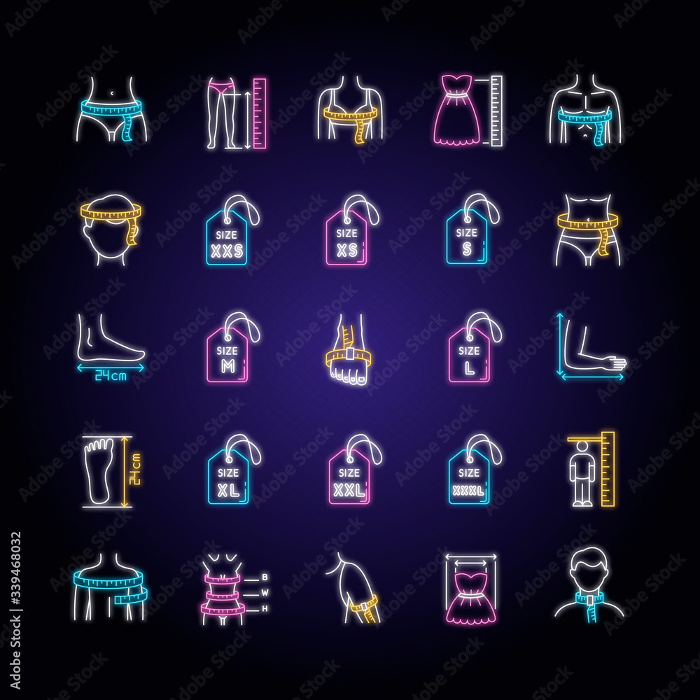 Clothing sizes neon light icons set. Human body measurements signs with ...