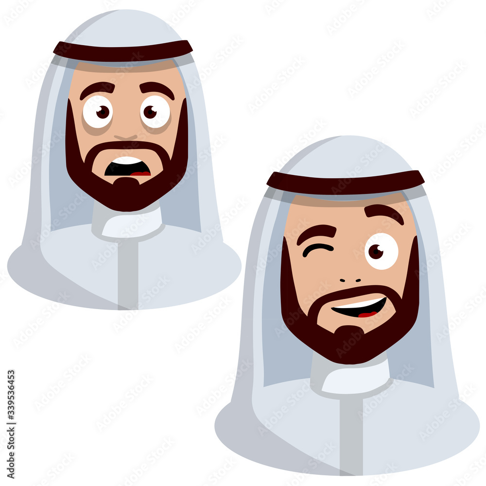 Smiling and sad face of Arab man in white national dress. Avatar for ...
