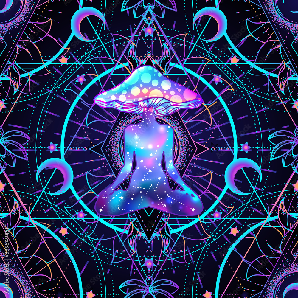 Psychedelic seamless pattern with magic mushrooms over sacred geometry ...