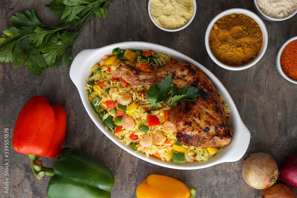 African fried food dish. Grilled chicken with plantain. Nigerian ...