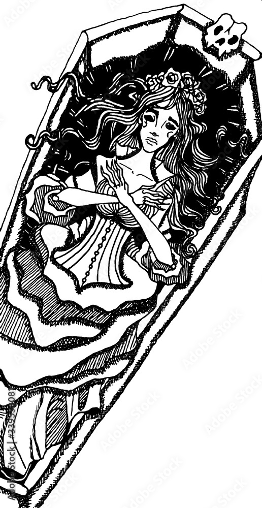 Vampire girl lying in a coffin. Graphic image. Stock Illustration ...