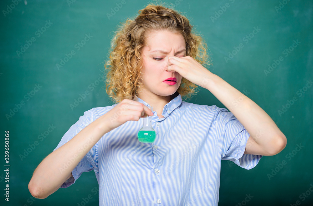 Girl student dislike chemistry. Student practicing on hateful lesson ...