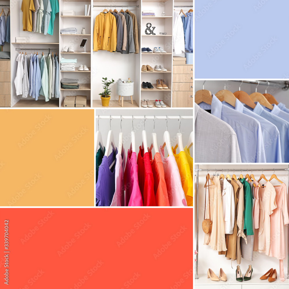 Collage of photos with modern wardrobe. Different color patterns Stock ...