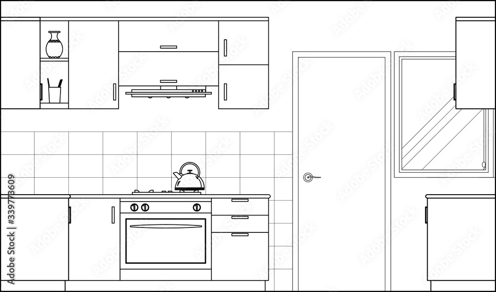 Kitchen and pantry side elevation drawing complete with cabinets ...