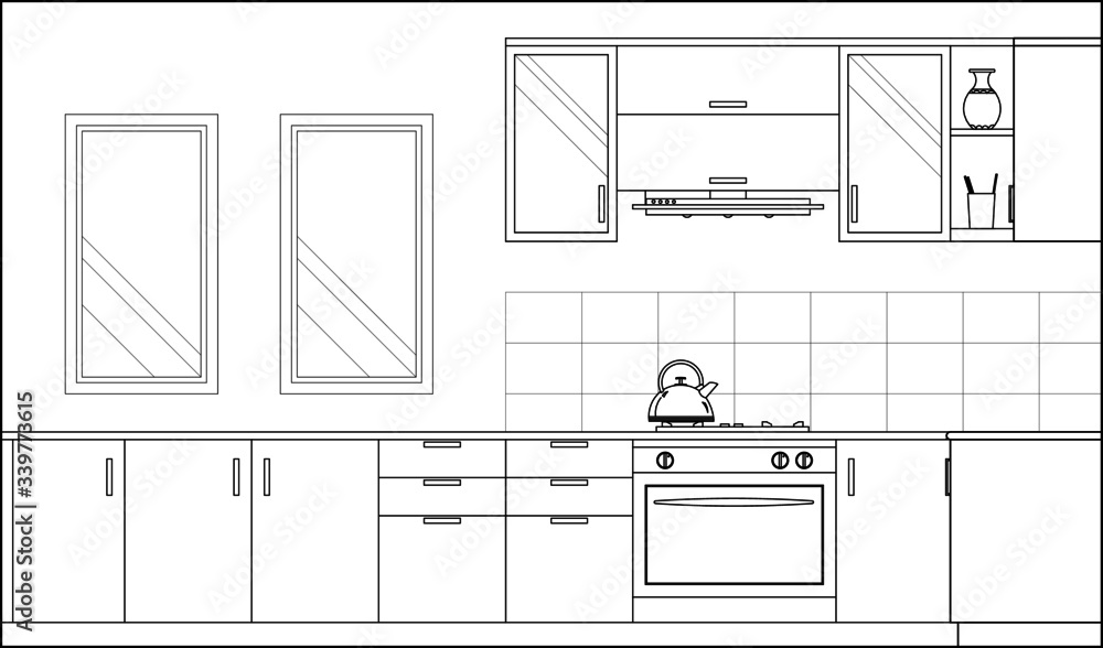 Kitchen and pantry side elevation drawing complete with cabinets ...