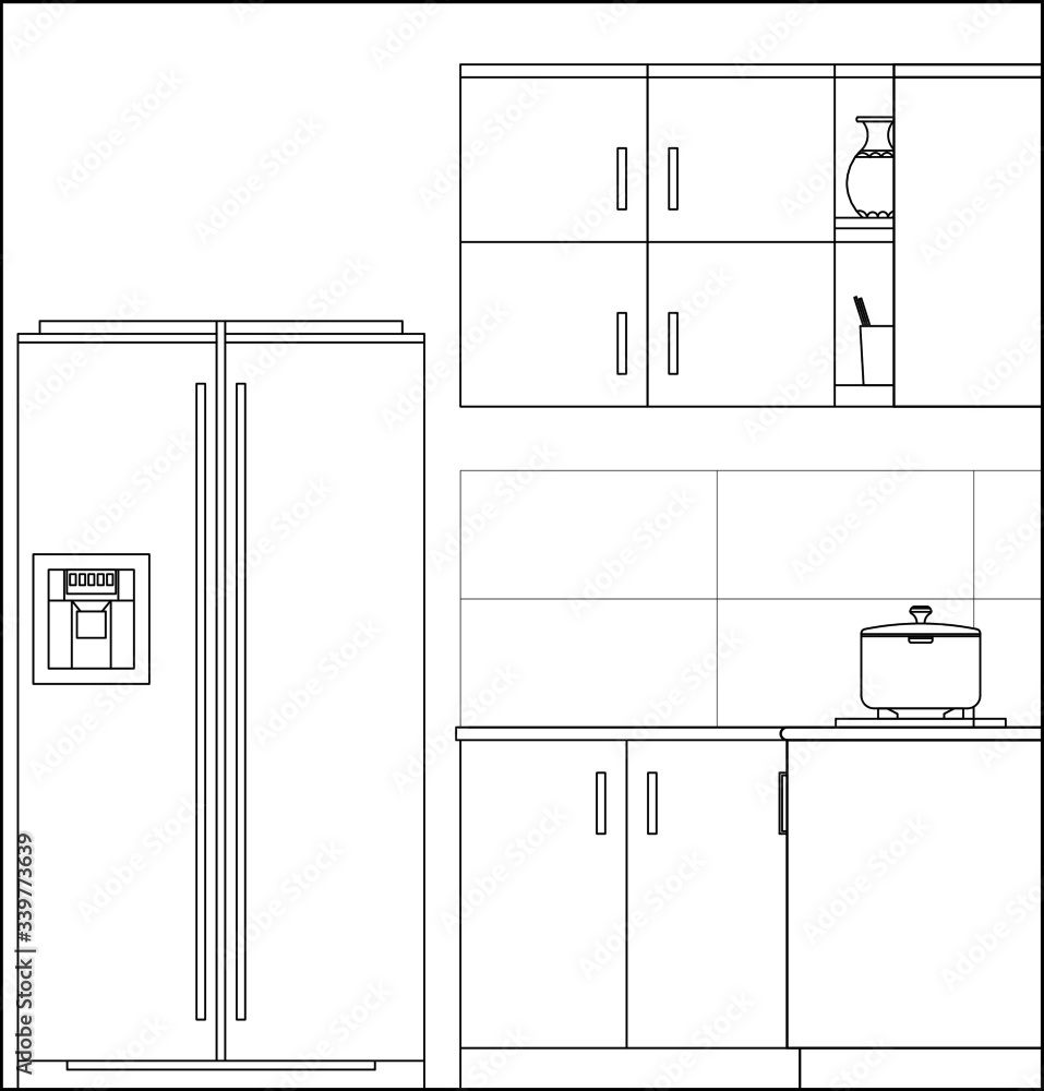 Kitchen and pantry side elevation drawing complete with cabinets ...