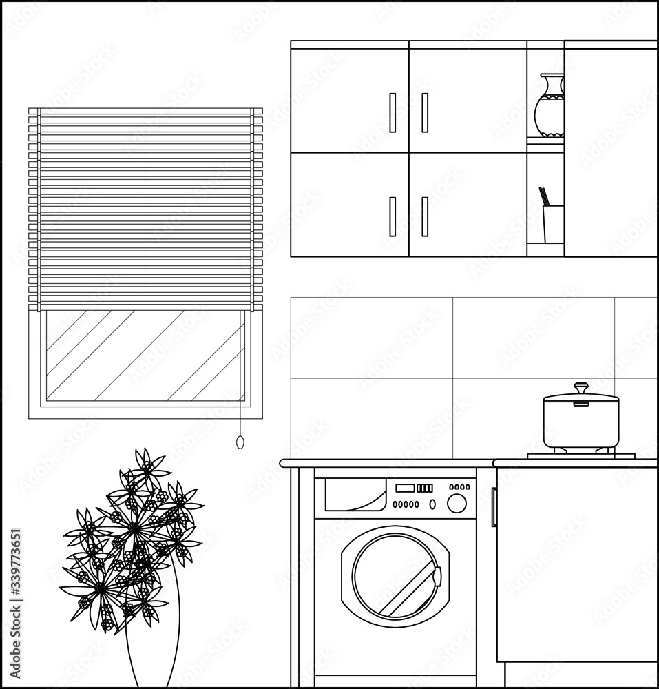 Kitchen and pantry side elevation drawing complete with cabinets ...