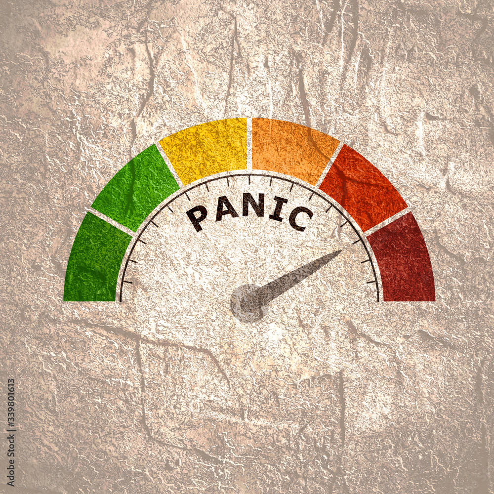 Panic level conceptual meter indicating maximum.Color scale with arrow ...