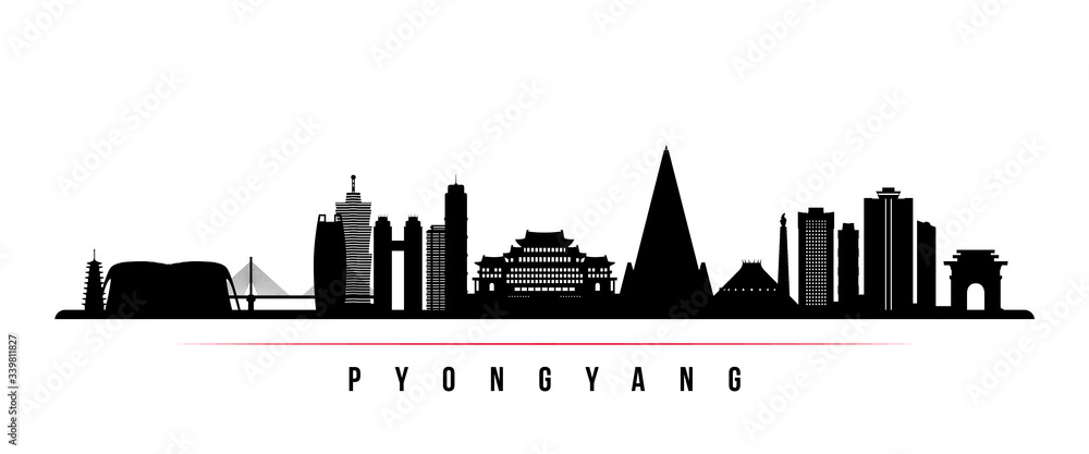 Pyongyang skyline horizontal banner. Black and white silhouette of ...