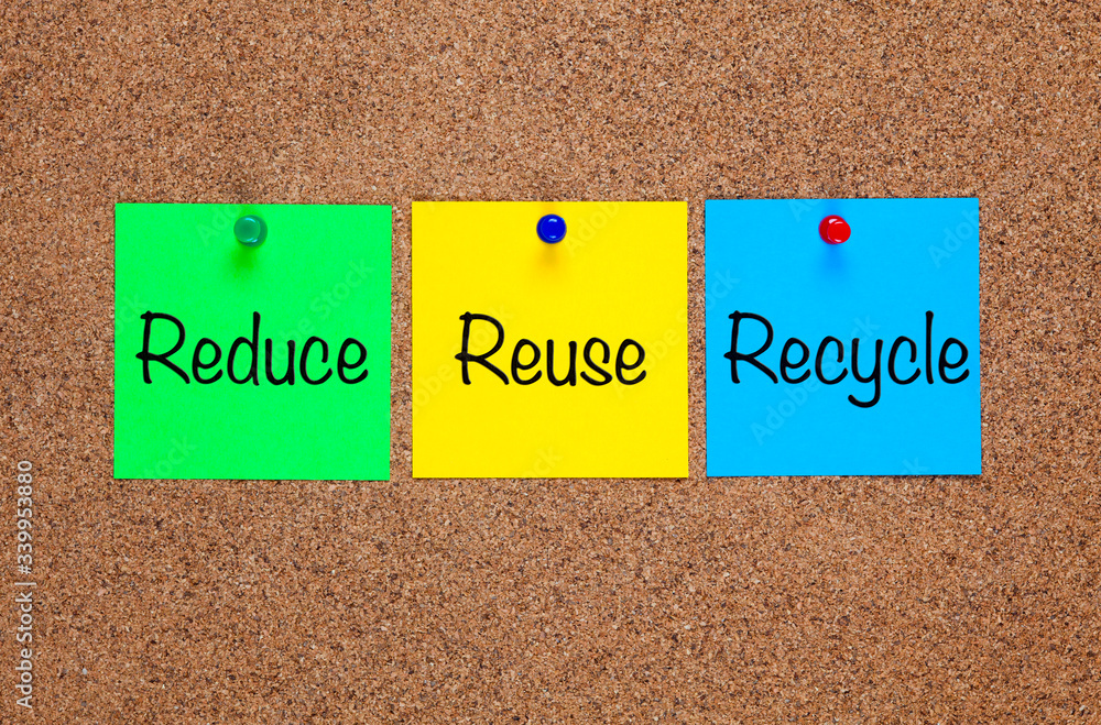 Three paper notes on corkboard with words Reduce, Reuse, Recycle. Stock ...