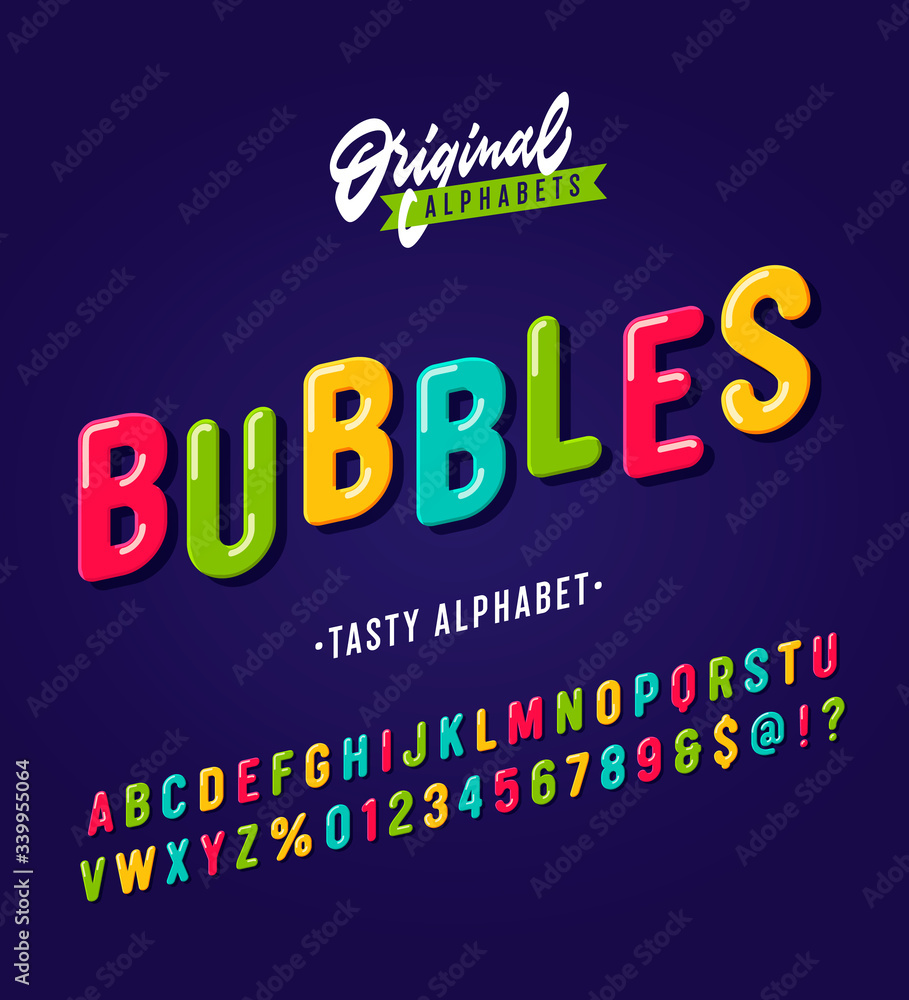 'Bubbles' Vintage Sans Serif Rounded Cartoon Alphabet. Colorful Retro ...