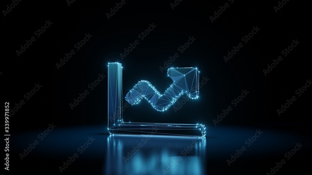 3d rendering wireframe neon glowing symbol of chart line on black background with reflection ...