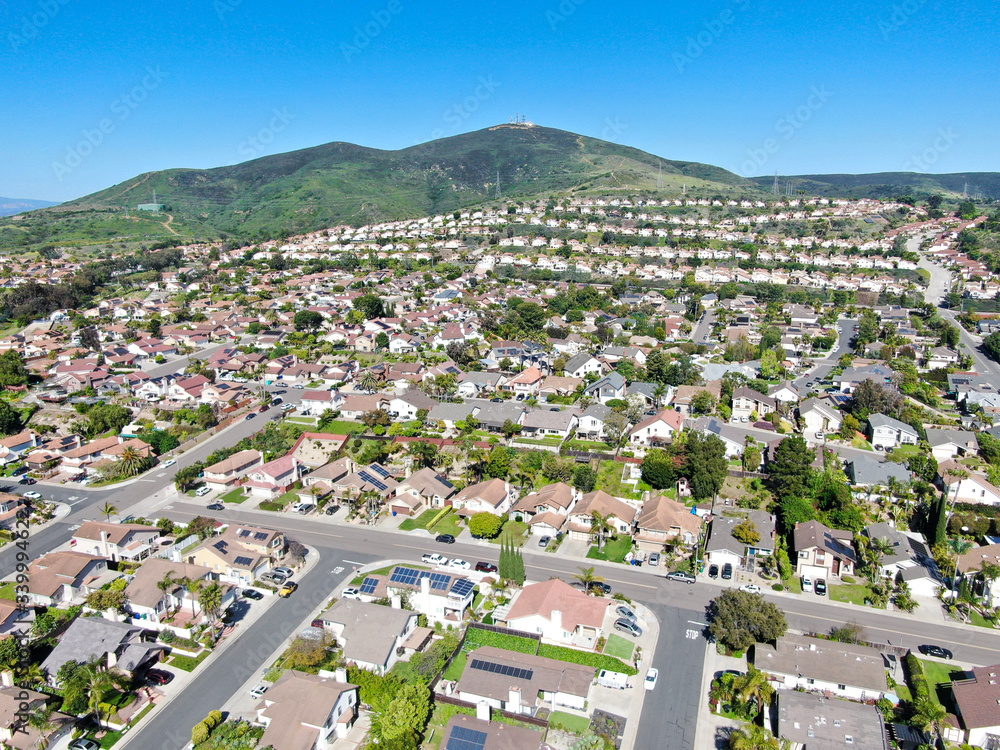 Aerial view of upper middle class neighborhood with residential ...