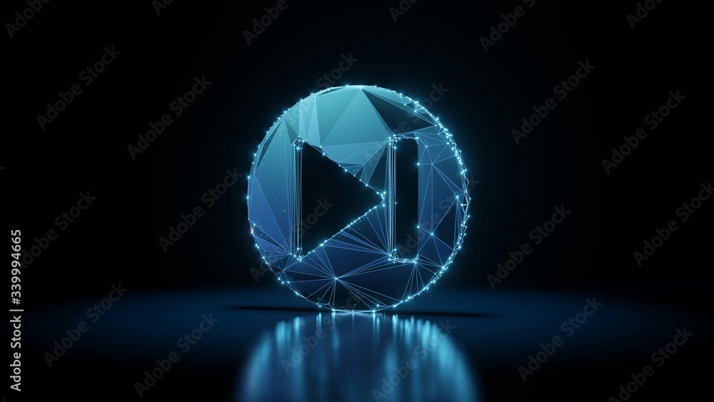 3d rendering wireframe neon glowing symbol of skip on black background with reflection Stock ...