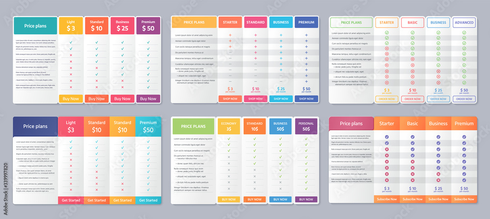 Vektor Table price template. Vector. Comparison plan chart. Set pricing ...
