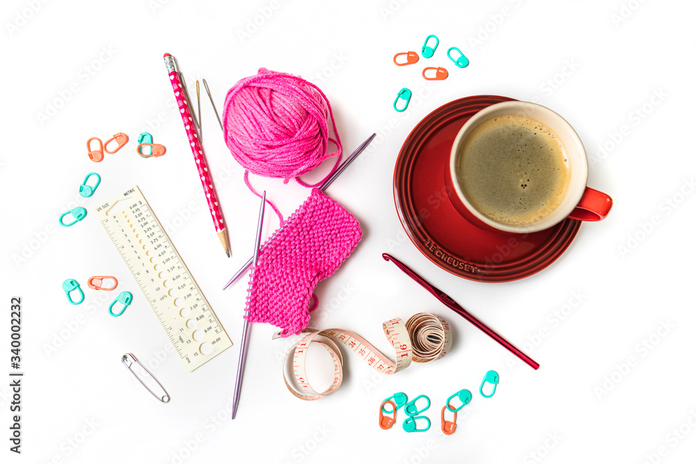 Lay flat knitting photos with coffee, measuring tape, crochet hooks ...