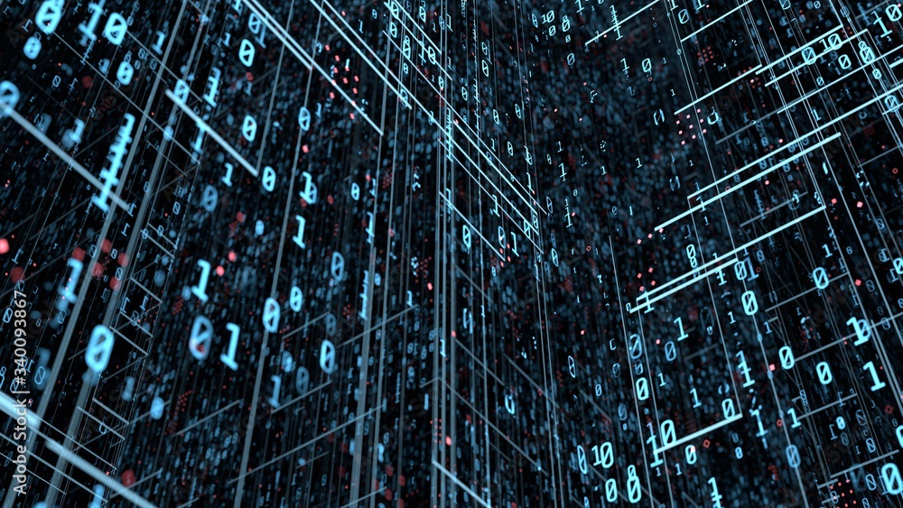 3D Rendering of blur binary data with dots and lines. Depth of field ...
